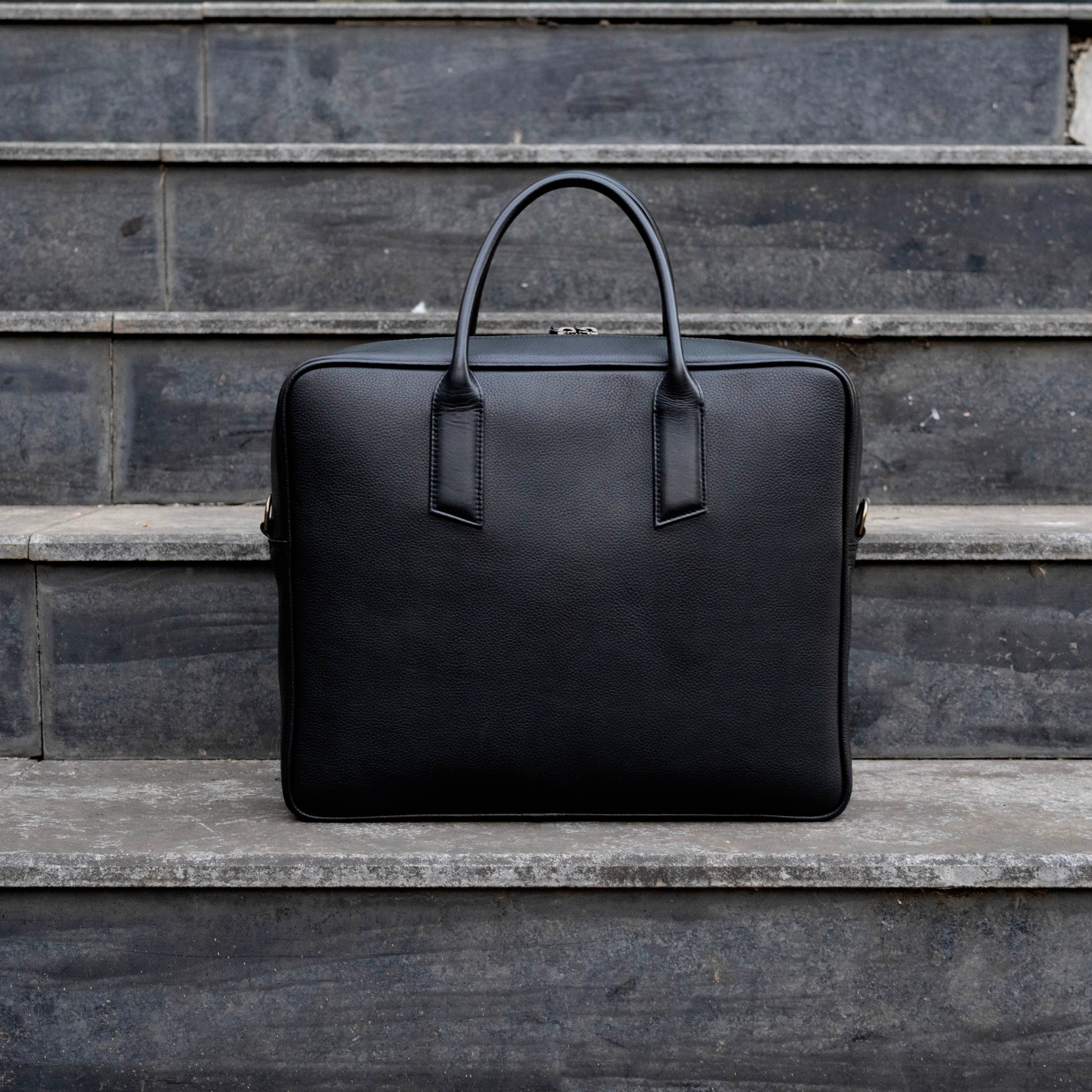 Black Leather Briefcase with Luggage Strap – Out of the Factory